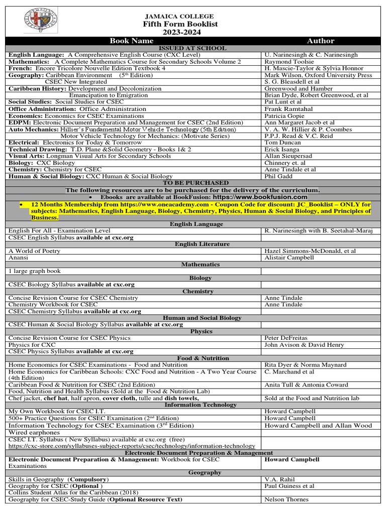 Jamaica College 5th Form Booklist 2023 | PDF