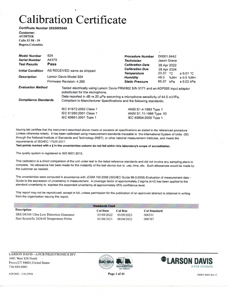 Certificado Calibración Larson Davis 2022 | PDF