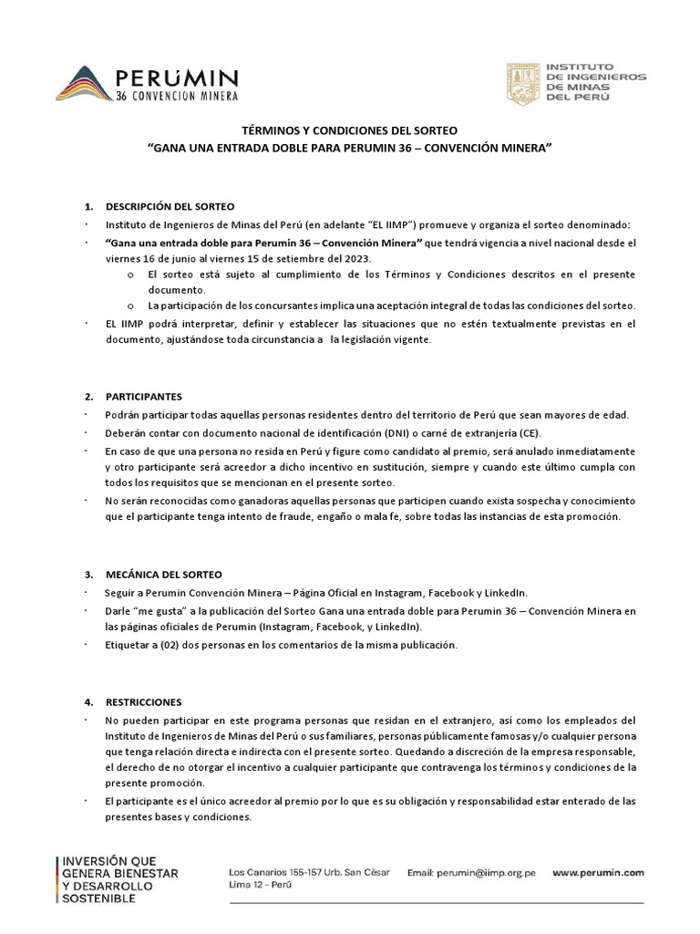 PERUMIN36 Terminos y Condiciones Sorteo Entradas | PDF | Facebook