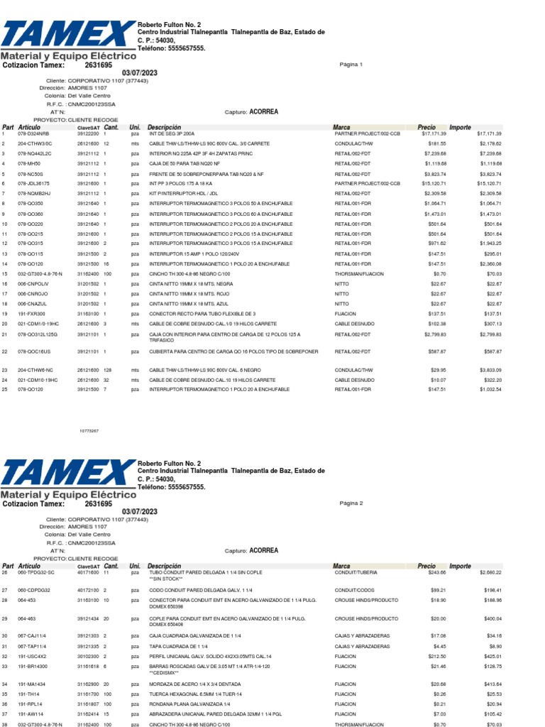 Cotizacion Tamex 2631695 | PDF | Materiales de construcción | Bancario
