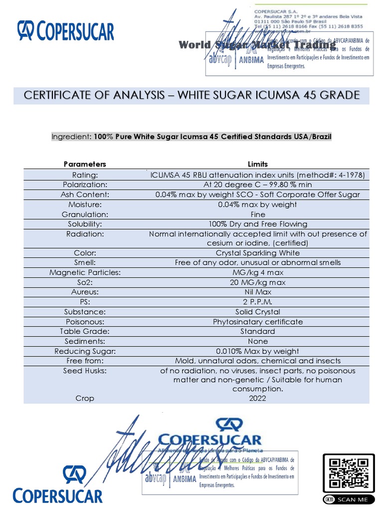 Certificate of Analysis - White Sugar Icumsa 45 Grade. | PDF