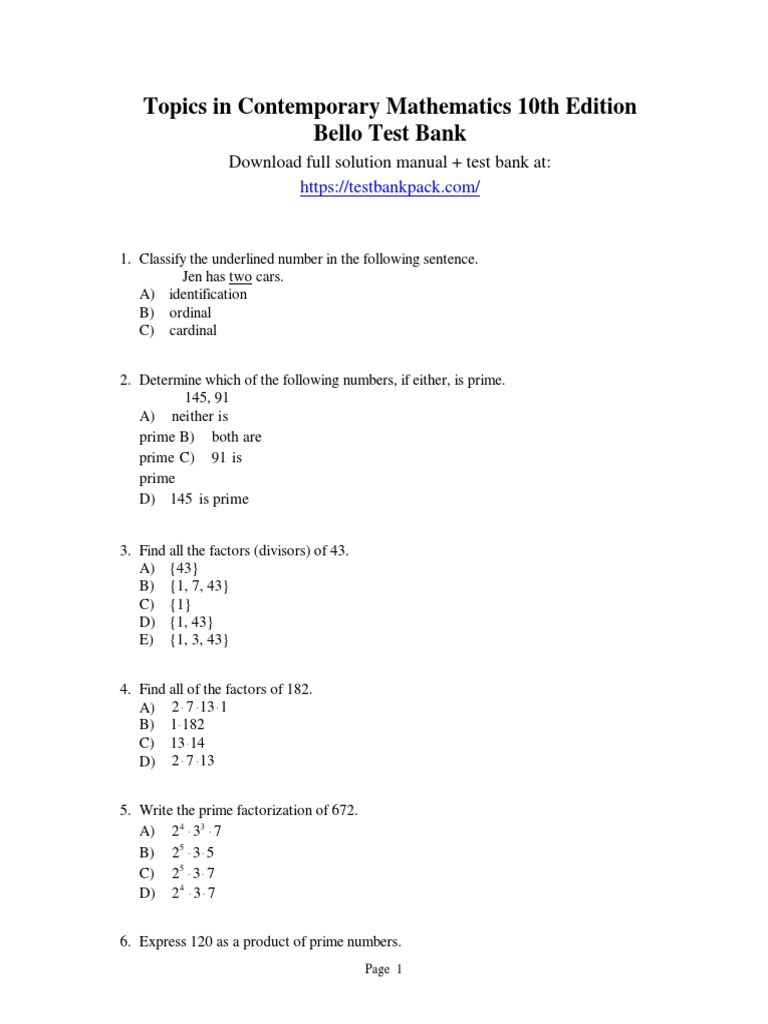 Topics in Contemporary Mathematics 10th Edition Bello Test Bank 1 | PDF ...
