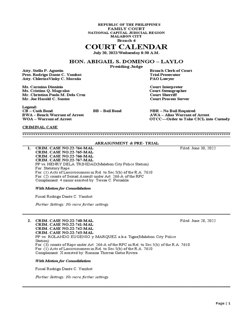 Court Calendar: Hon. Abigail S. Domingo - Laylo | PDF