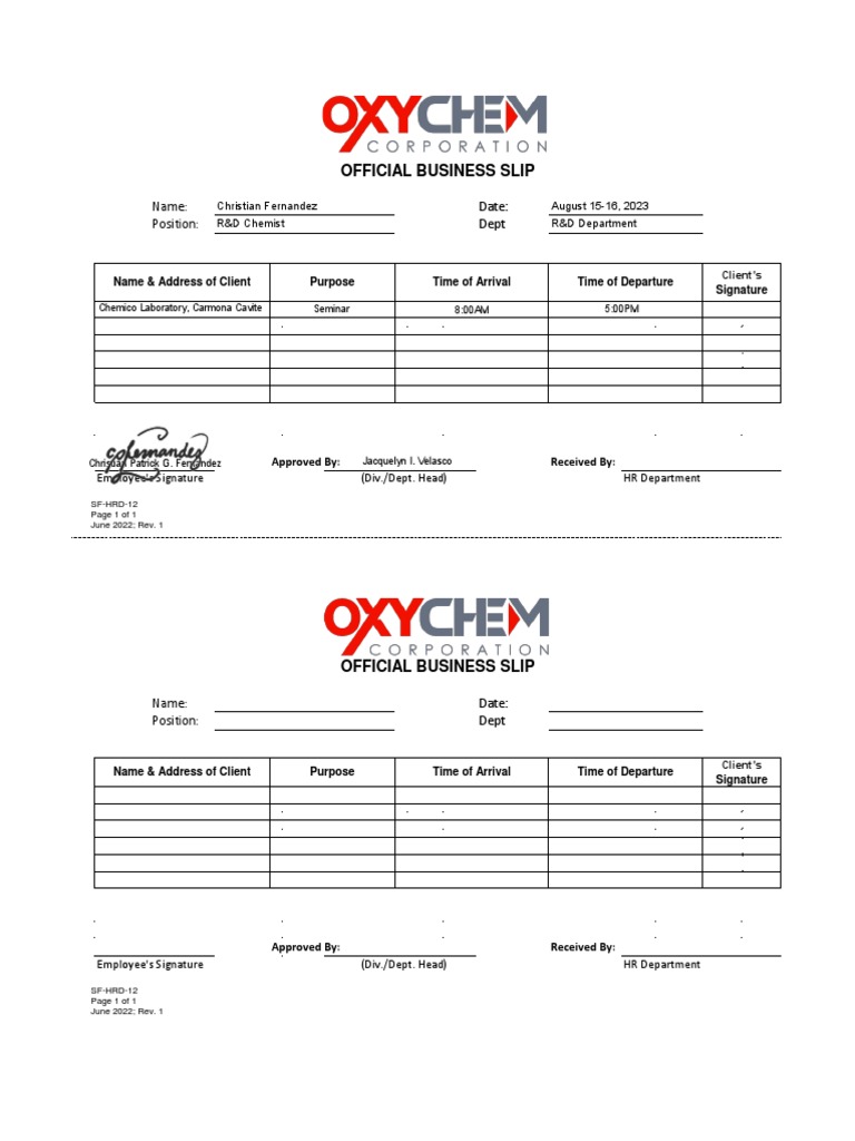 Official Business Slip Template | PDF
