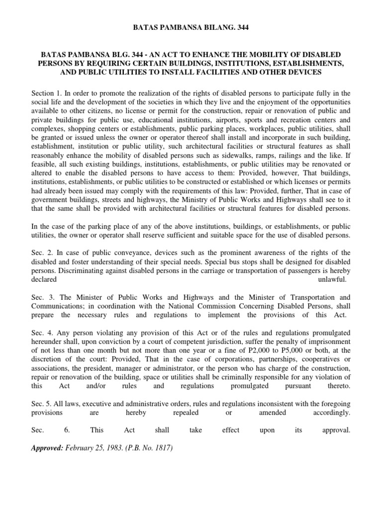 BATAS PAMBANSA 344 Persons With Disability | PDF