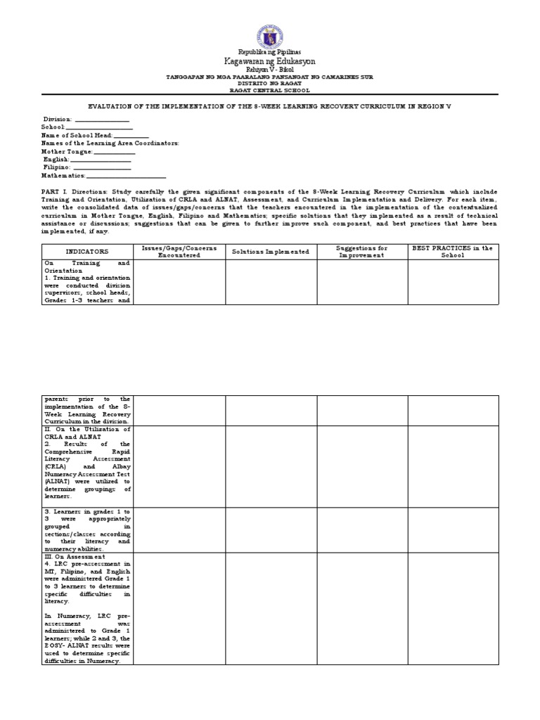 Evaluation of The Implementation of The 8-Week Learning Recovery ...