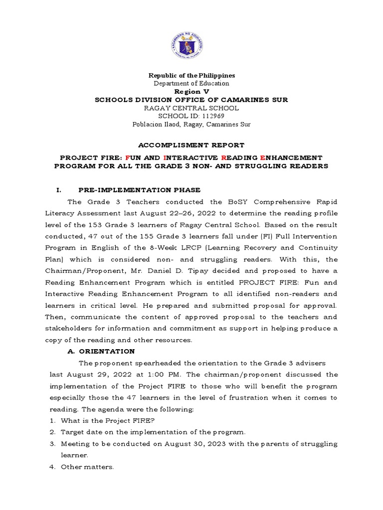 PROJECT FIRE ACCOMPLISHMENT REPORT - Copy (AutoRecovered) | PDF