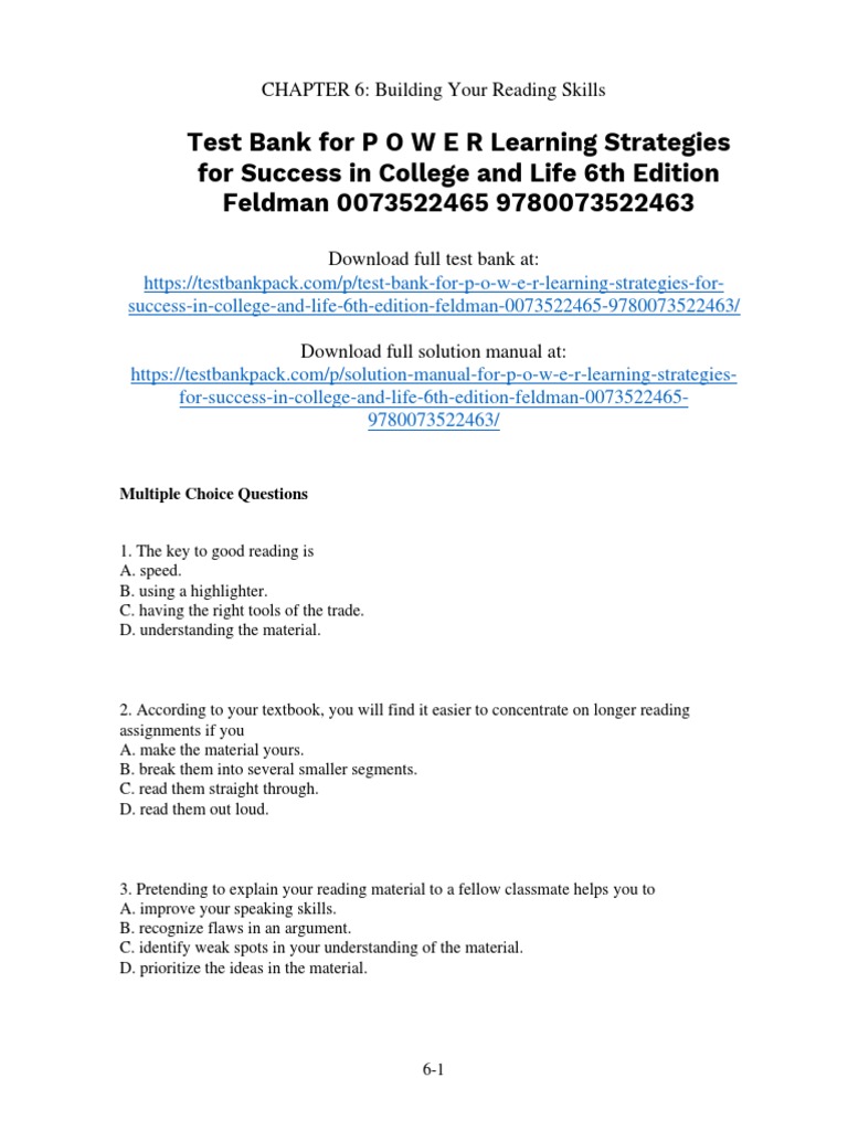 P O W E R Learning Strategies For Success in College and Life 6th ...