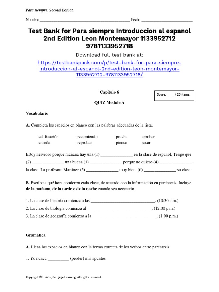 Para Siempre Introduccion Al Espanol 2nd Edition Leon Test Bank ...
