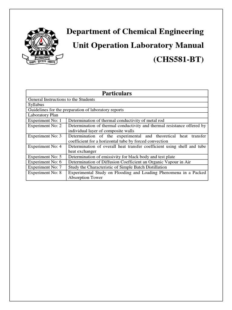 Unit Operation Laboratory Manual Chs581 Bt Download Free Pdf Heat