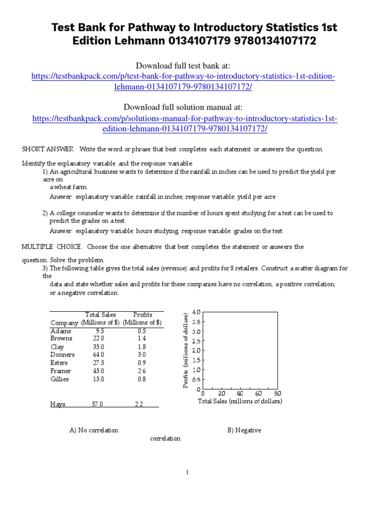 Pathway To Introductory Statistics 1st Edition Lehmann Test Bank ...