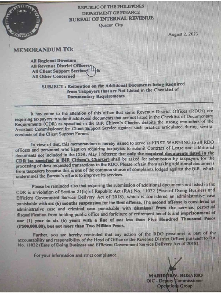 BIR Memorandum - August 2 2023 | PDF