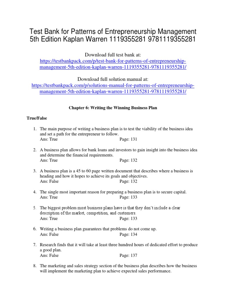 Patterns of Entrepreneurship Management 5th Edition Kaplan Test Bank ...
