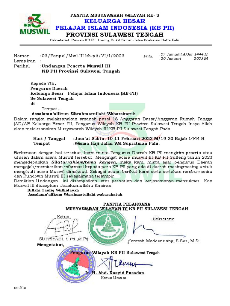 Undangan MUSWIL III PD KB PII Se Sulawesi Tengah | PDF