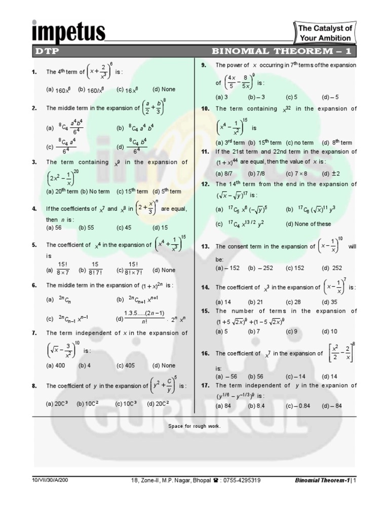 DPT - Binomial Theorem - 01 (UPDATED) - 21970073 | PDF | Teaching Methods & Materials