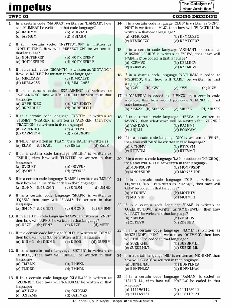 TWPT - Coding Decoding - 01 (26072023) - 21440954 | PDF