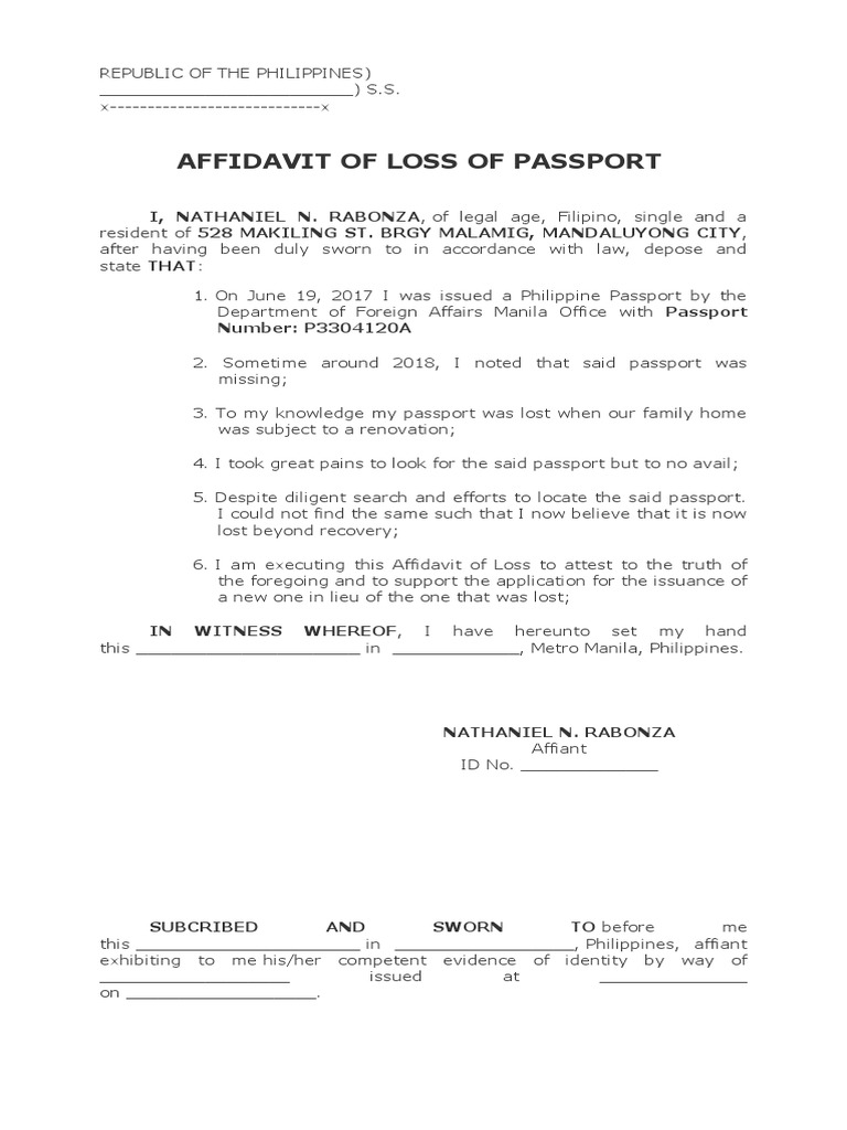 Affidavit of Loss of Passport | PDF