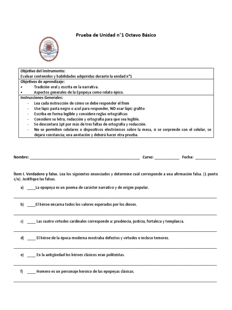Prueba de 8vo Unidad N°1 | PDF
