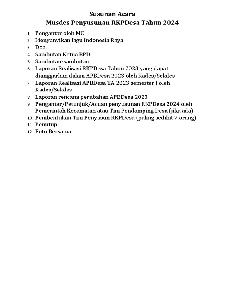 Susunan Acara Musdes Penyusunan RKPDesa | PDF
