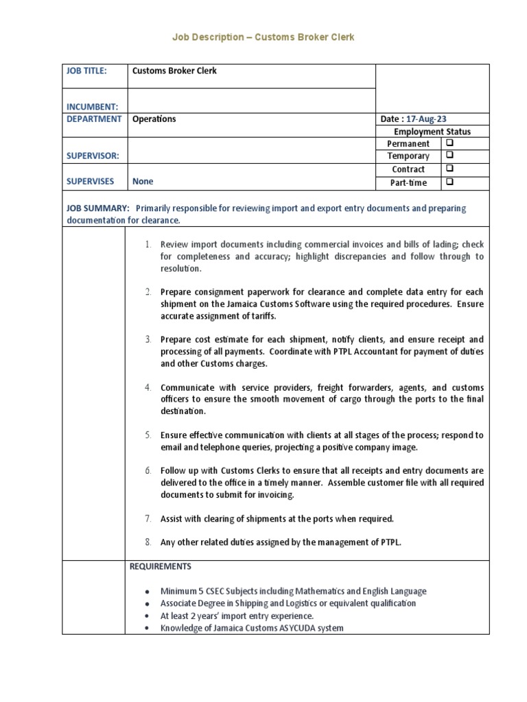 Customs Entry Clerk - Job Description | PDF