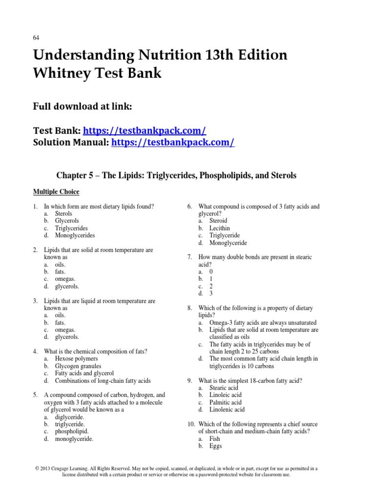 Understanding Nutrition 13th Edition Whitney Test Bank 1 | PDF