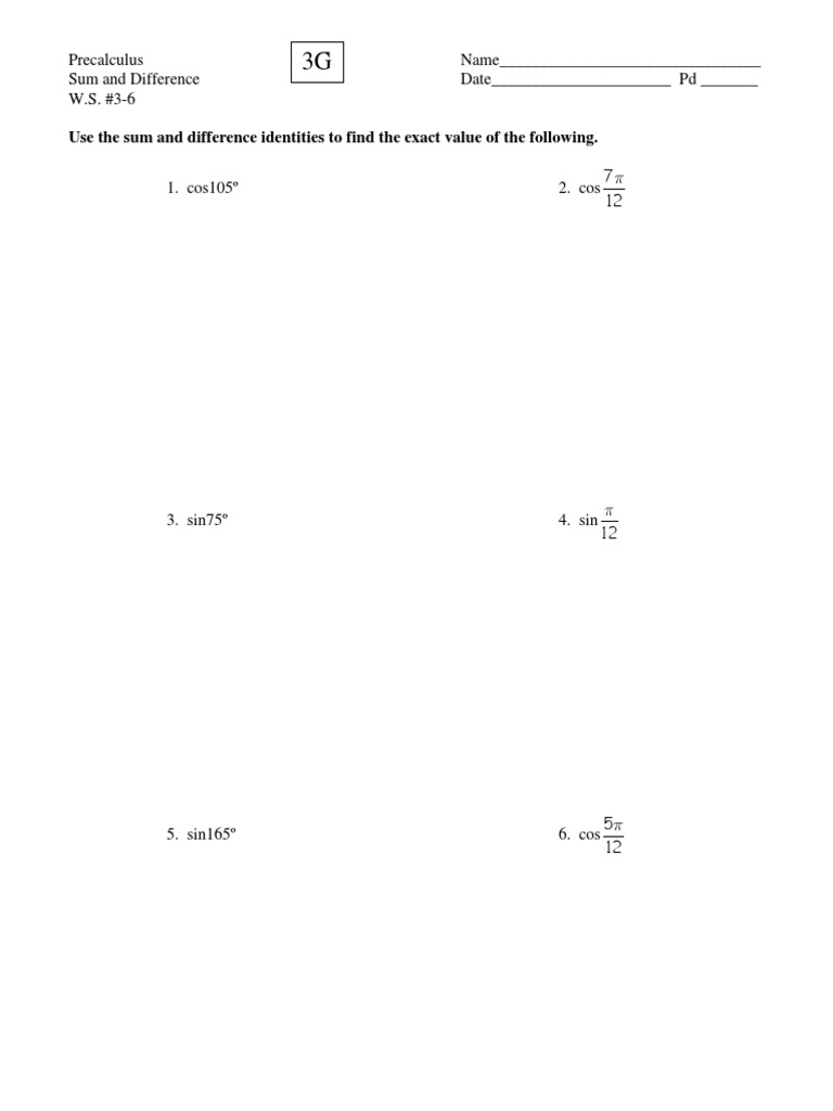 Precalculus Sum and Difference Identities | PDF