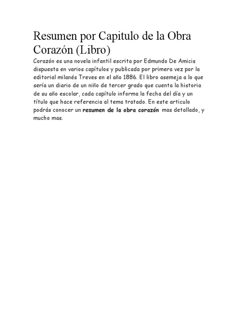 Resumen Por Capitulo de La Obra Corazón | PDF