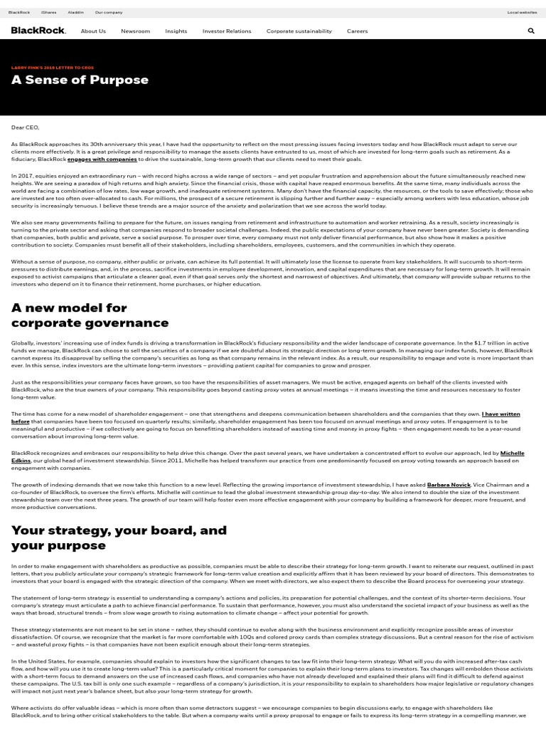 BlackRock's 2018 CEO Letter Insights | PDF