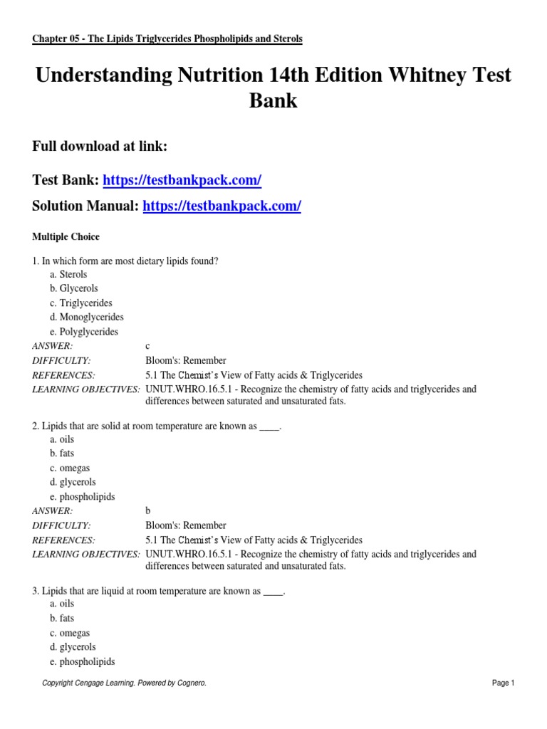 Understanding Nutrition 14th Edition Whitney Test Bank 1 | PDF
