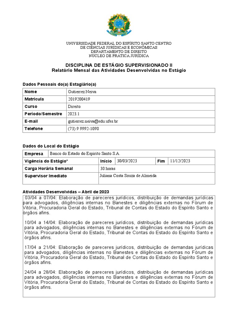 Relatório De Estágio Pdf