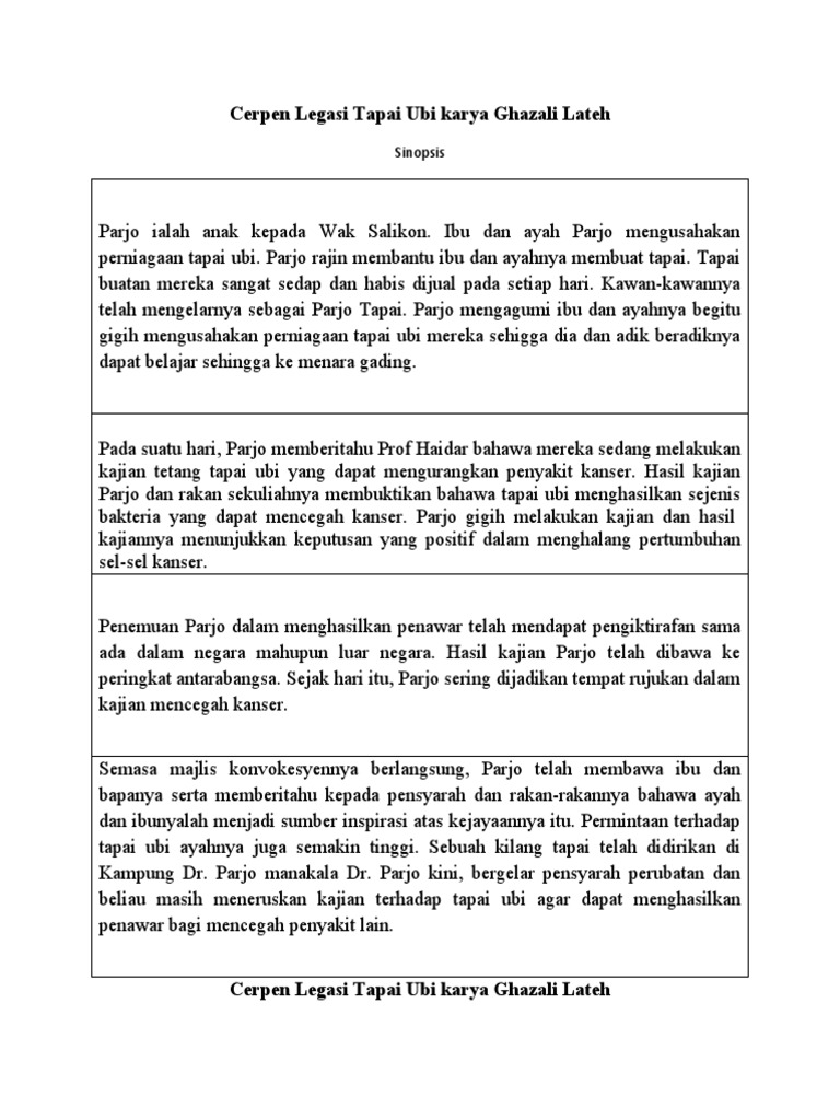 Cerpen Legasi Tapai Ubi Karya Ghazali Lateh | PDF | Ilmu Sosial | Sains ...