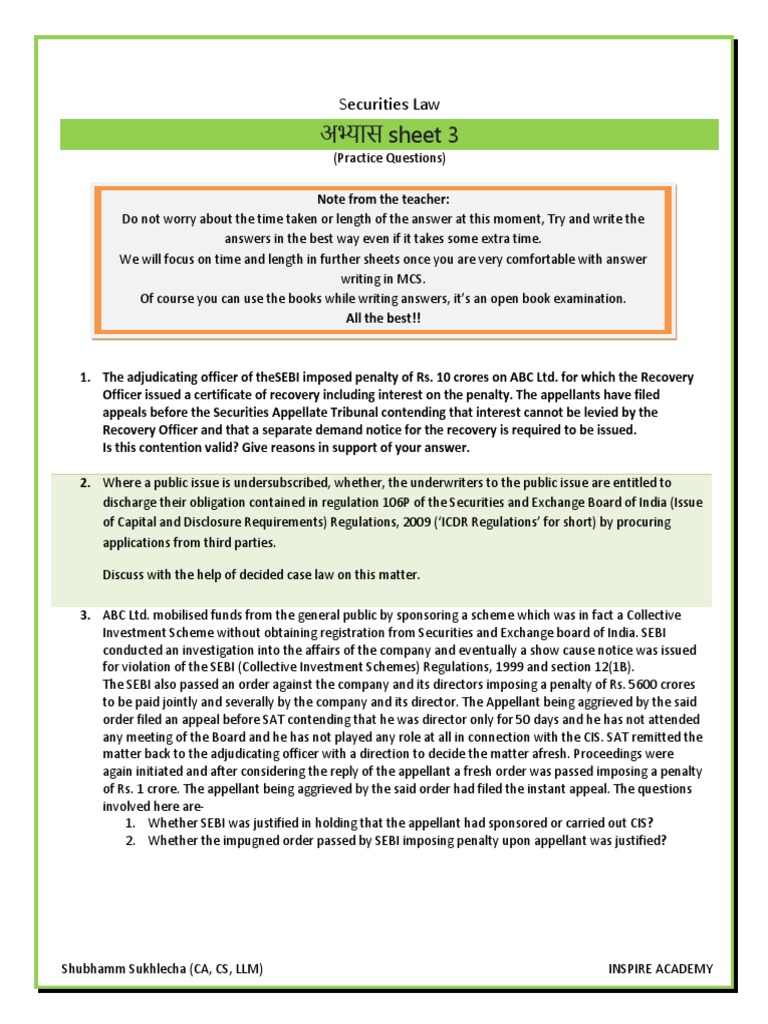 SEBI Securities Law Practice Sheet | PDF | Securities (Finance ...