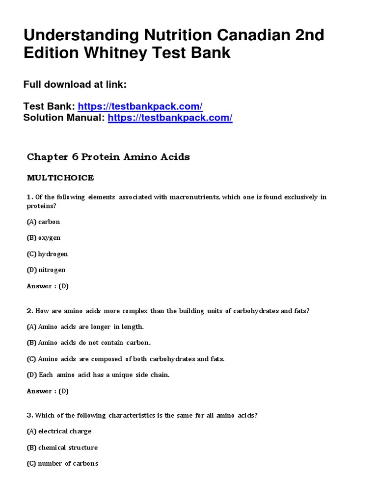 Understanding Nutrition Canadian 2nd Edition Whitney Test Bank 1 | PDF
