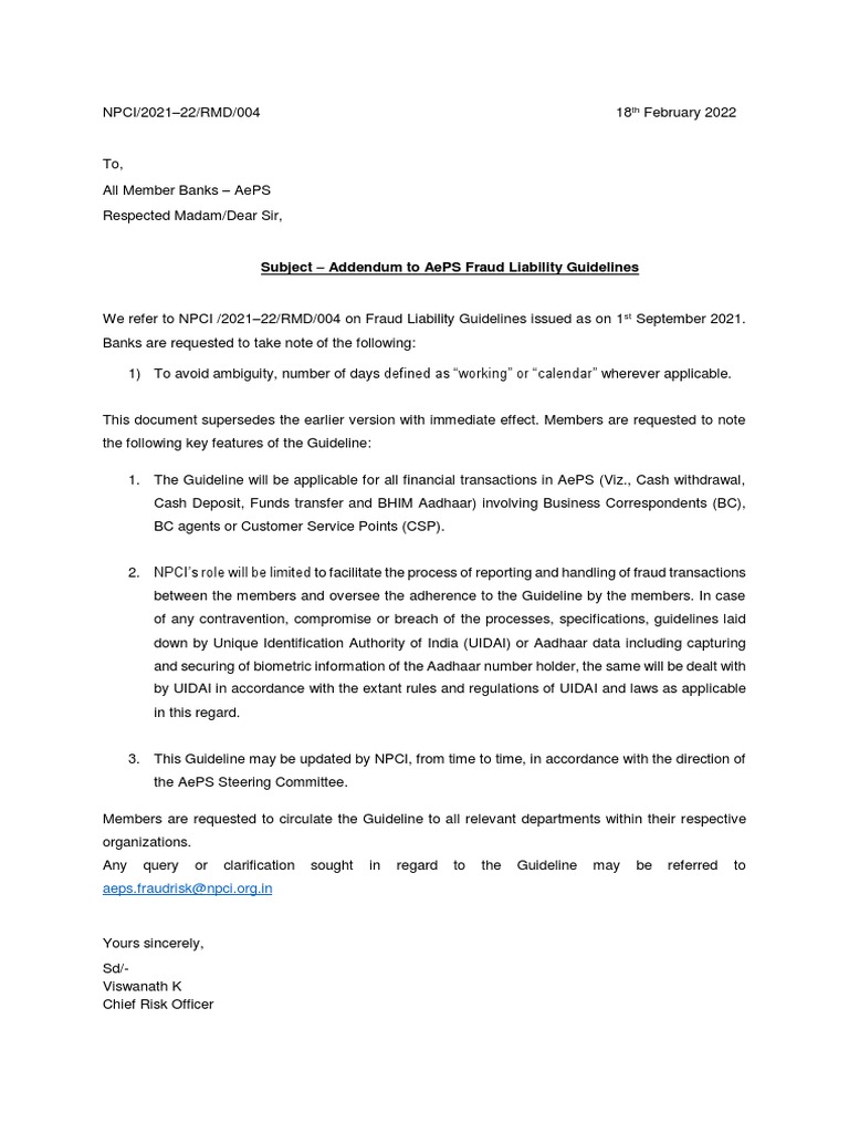 Addendum To AePS Fraud Liability Guideline Feb 2022 | PDF