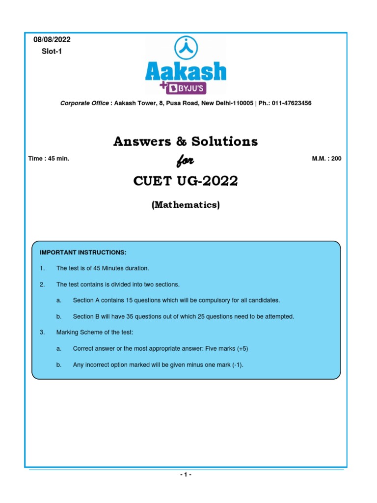 CUET 2022 Maths Answer Key August 8 Slot 1 | PDF