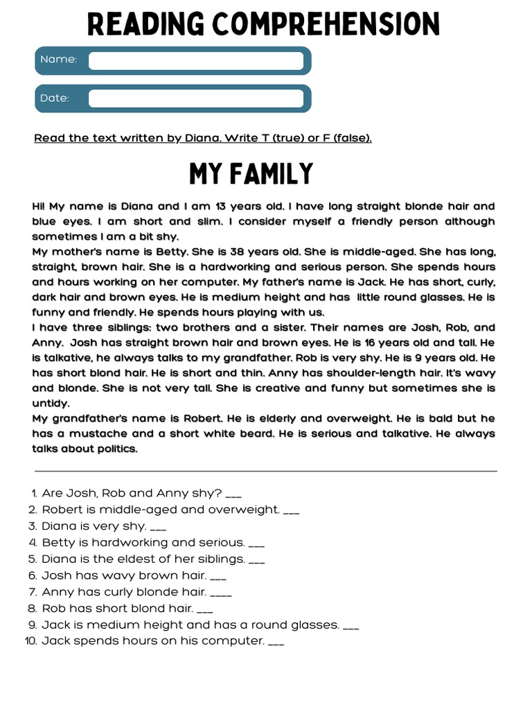 Blue Simple Reading Comprehension Worksheet | PDF