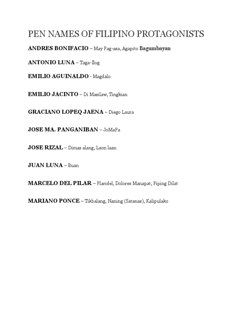 Pen Names of Filipino Protagonists | PDF