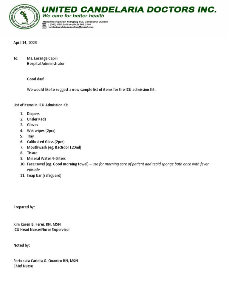 Icu Admission Kit Letter Request | PDF