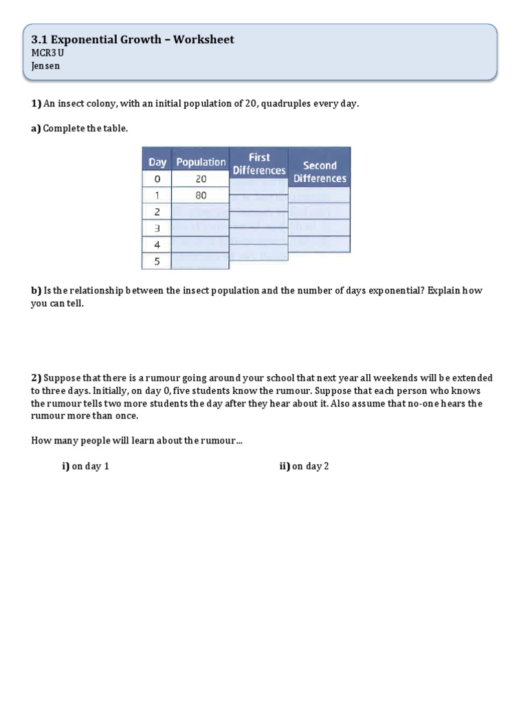 Exponential Growth Problems Worksheet | PDF