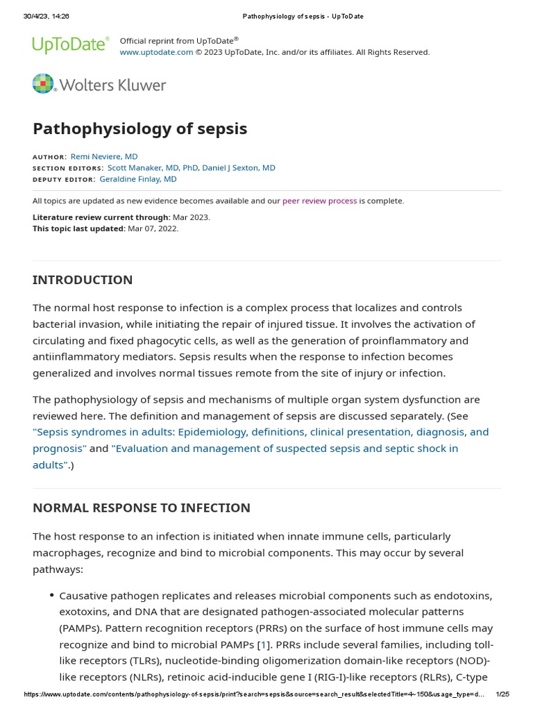 Pathophysiology of Sepsis - UpToDate | PDF