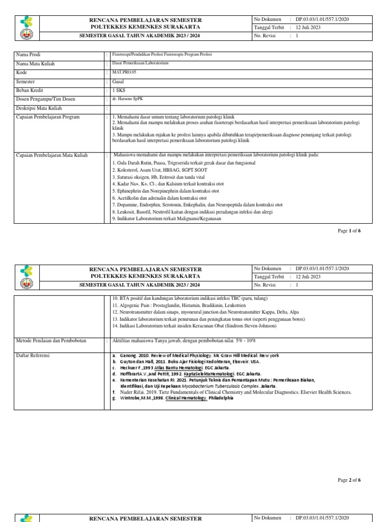 Form RPS Mata Kuliah TH 2020 | PDF