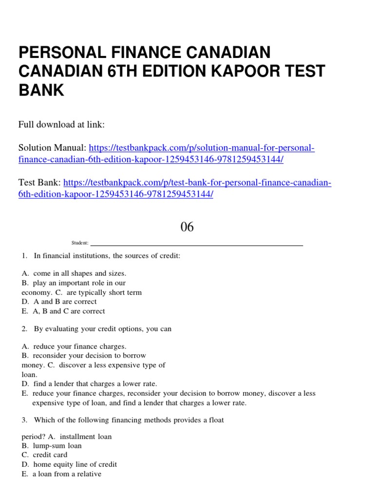 Personal Finance Canadian Canadian 6th Edition Kapoor Test Bank ...