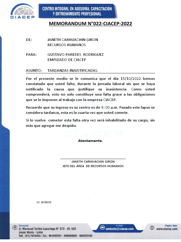Notificación de Tardanzas Injustificadas | PDF
