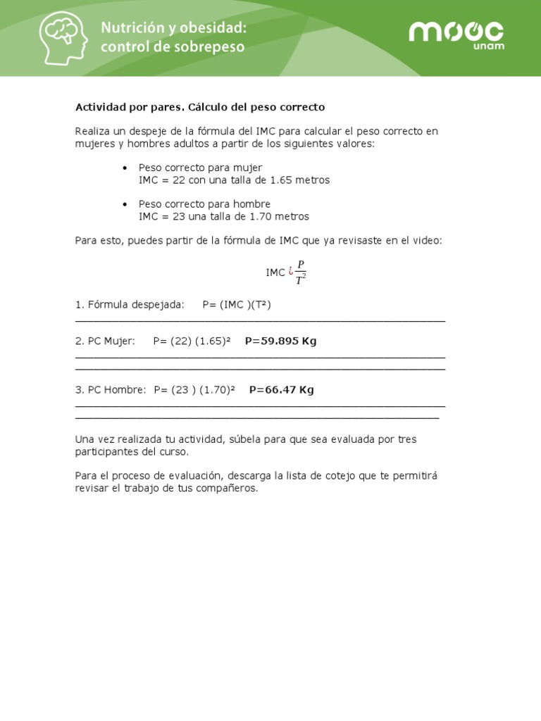 Cálculo de Peso Ideal por IMC | PDF | Finanzas y dinero | Salud y bienestar