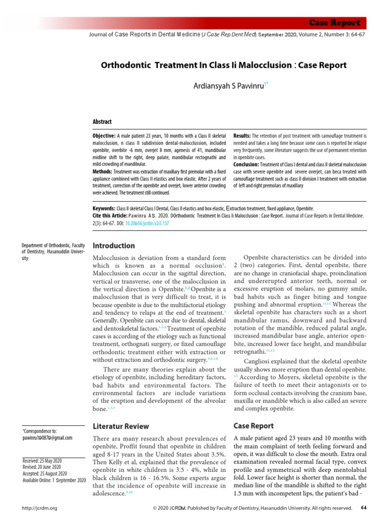 Orthodontic Treatment in Class II Malocclusion Case Report | PDF