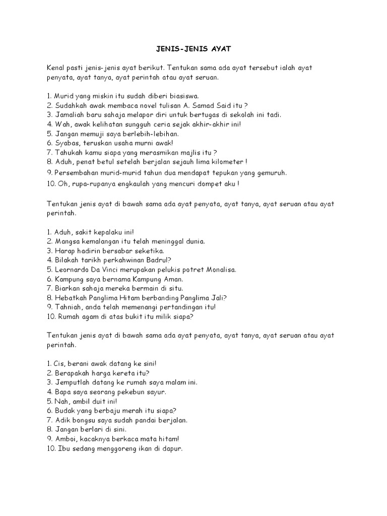 Latihan Jenis Ayat Penyata Ayat Seruan Ayat Tanya Pdf