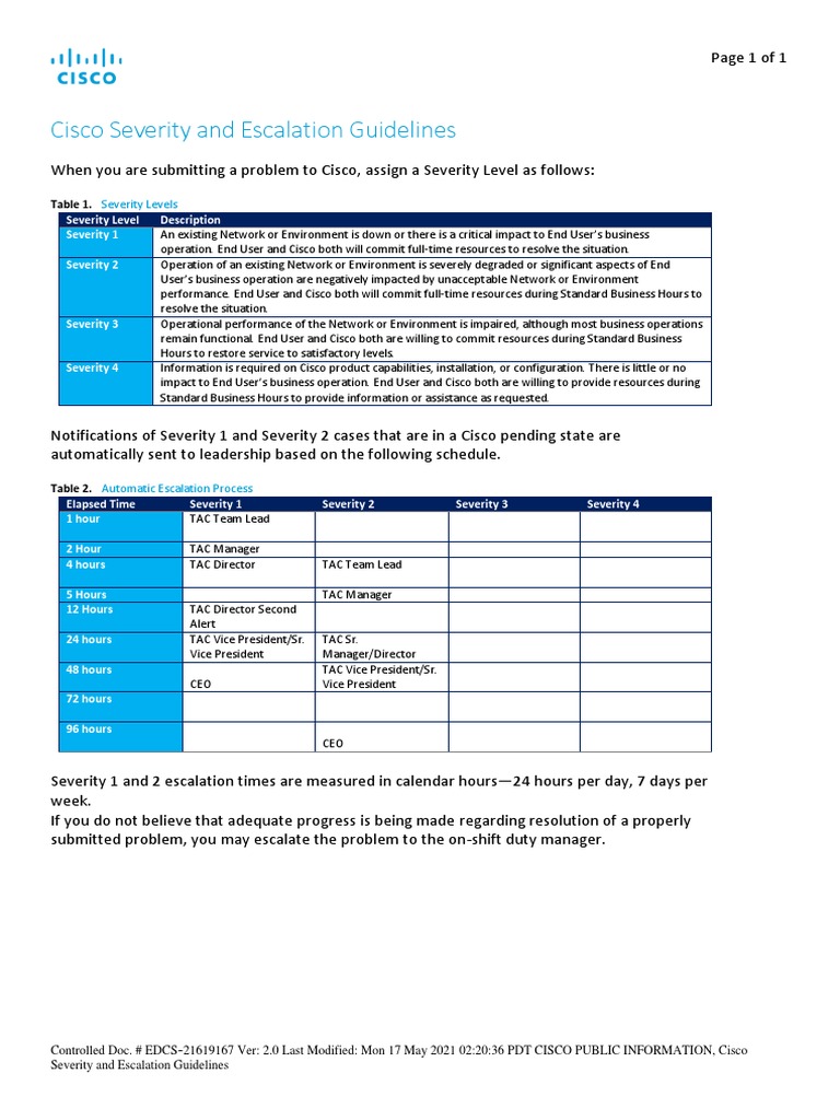 Cisco Severity and Escalation Guidelines | PDF
