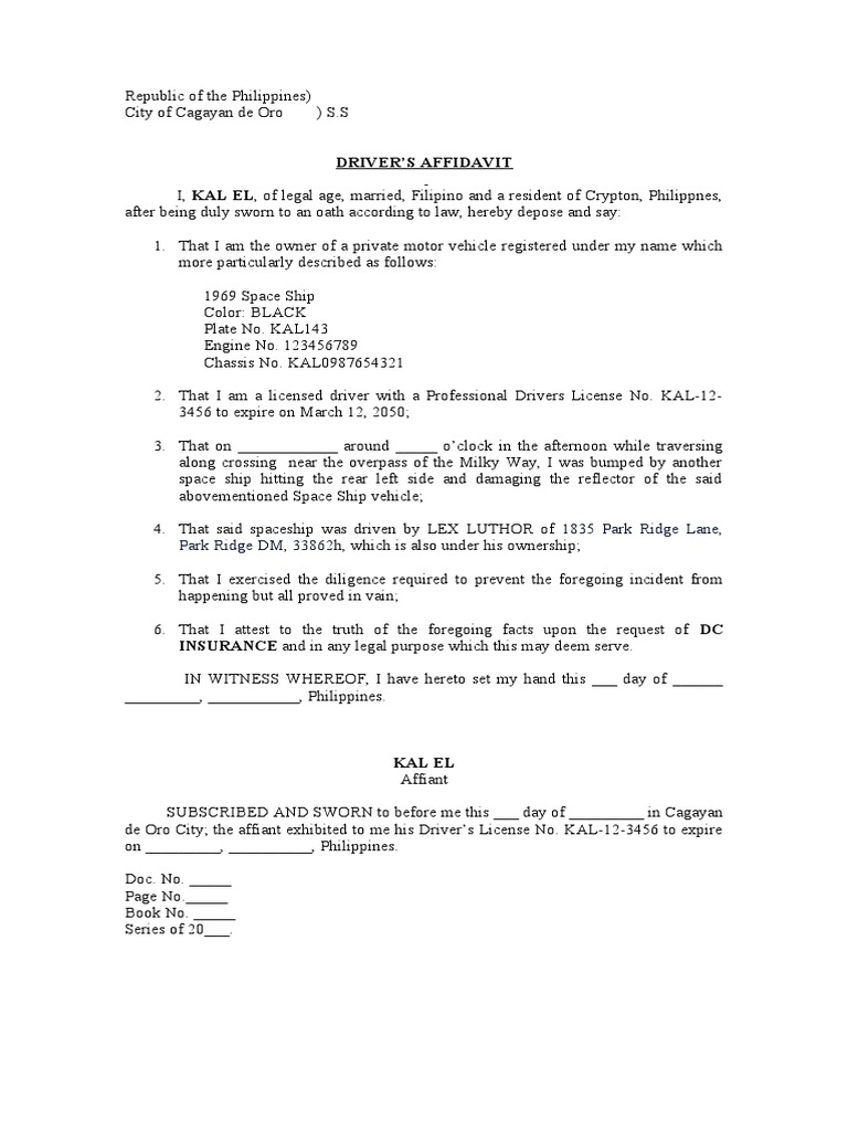 Driver's Affidavit Sample | PDF