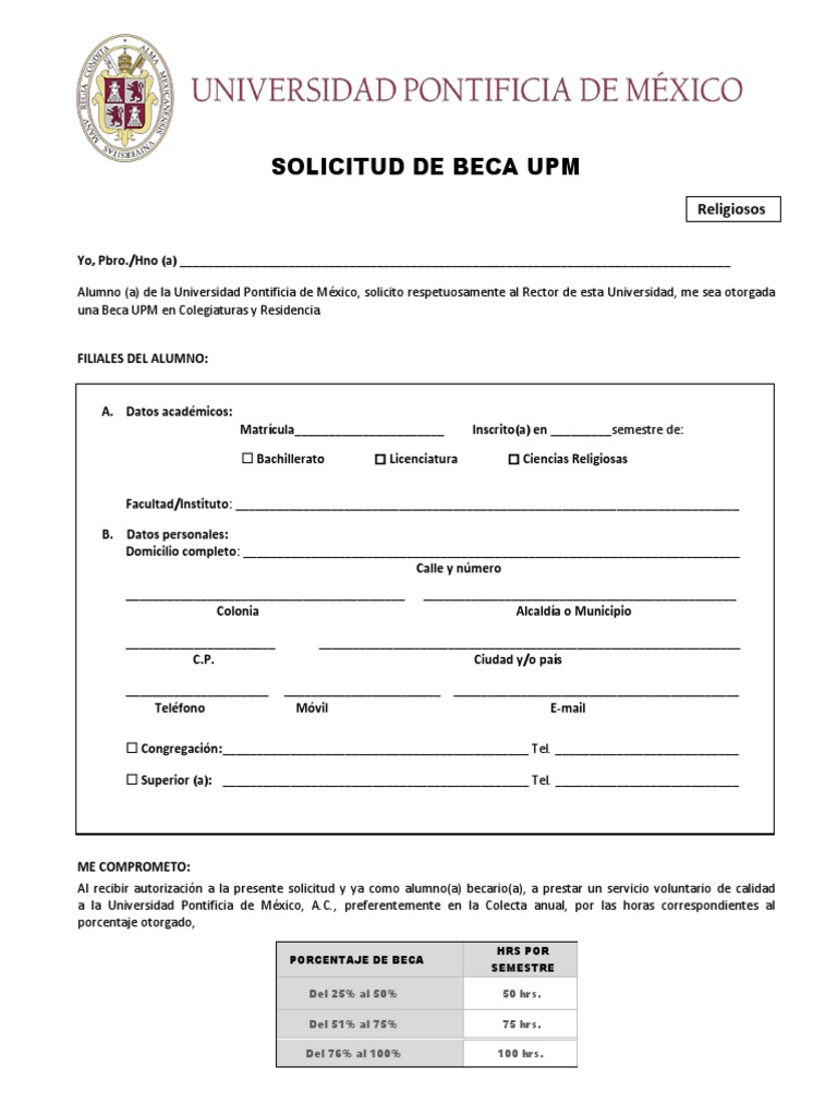 Solicitud de Beca UPM para Religiosos | PDF
