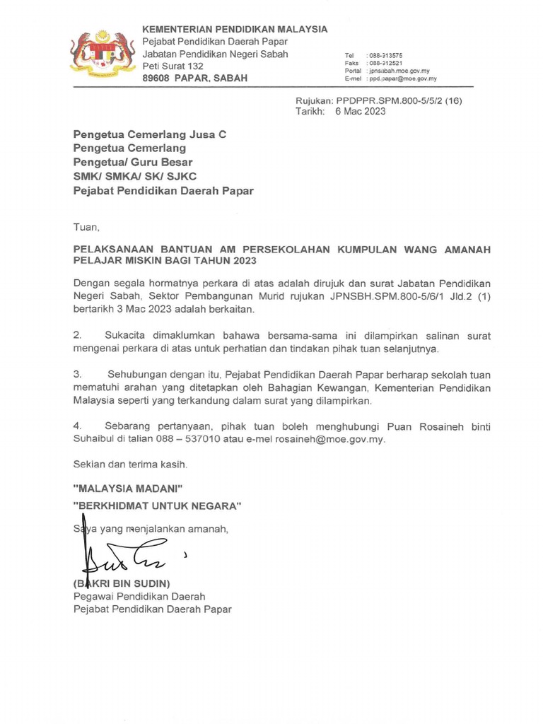 Pelaksanaan Bantuan Am Persekolahan Kumpulan Wang Amanah Pelajar | PDF